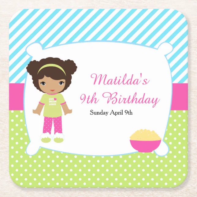 African American Sleepover Slumber Party Birthday Square Paper Coaster ...