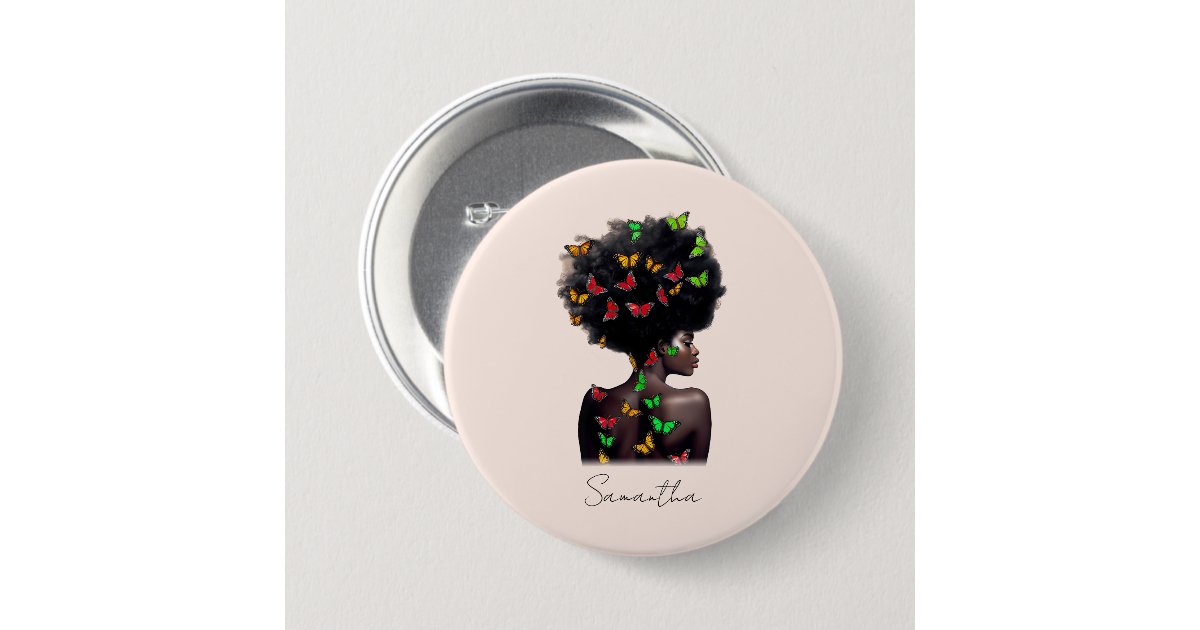 African American Woman with Butterfly-Filled Afro Button | Zazzle