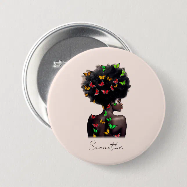 African American Woman with Butterfly-Filled Afro Button | Zazzle