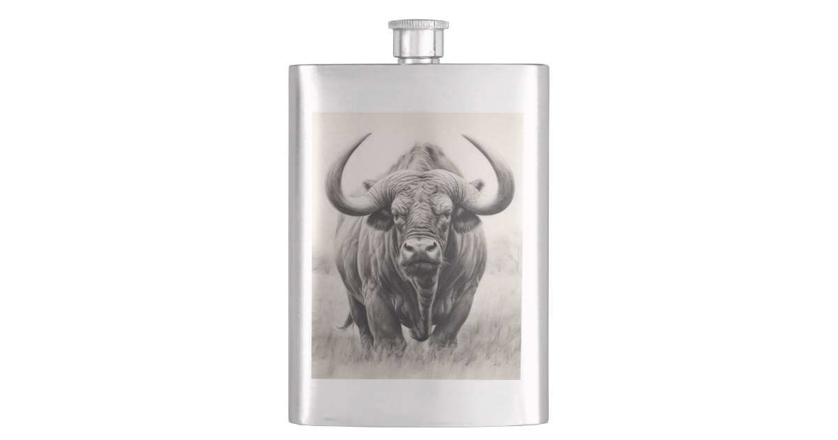 African Buffalo Pencil Drawing Flask | Zazzle