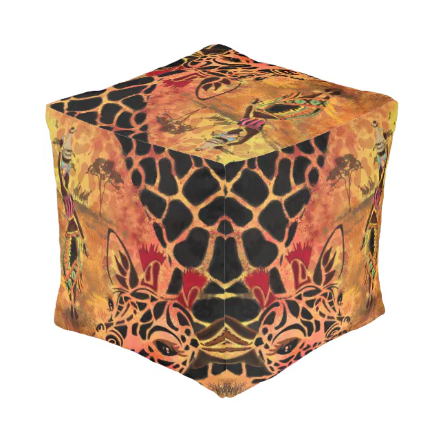 African Girl and Giraffe - Friends - Art Drawing - Pouf | Zazzle