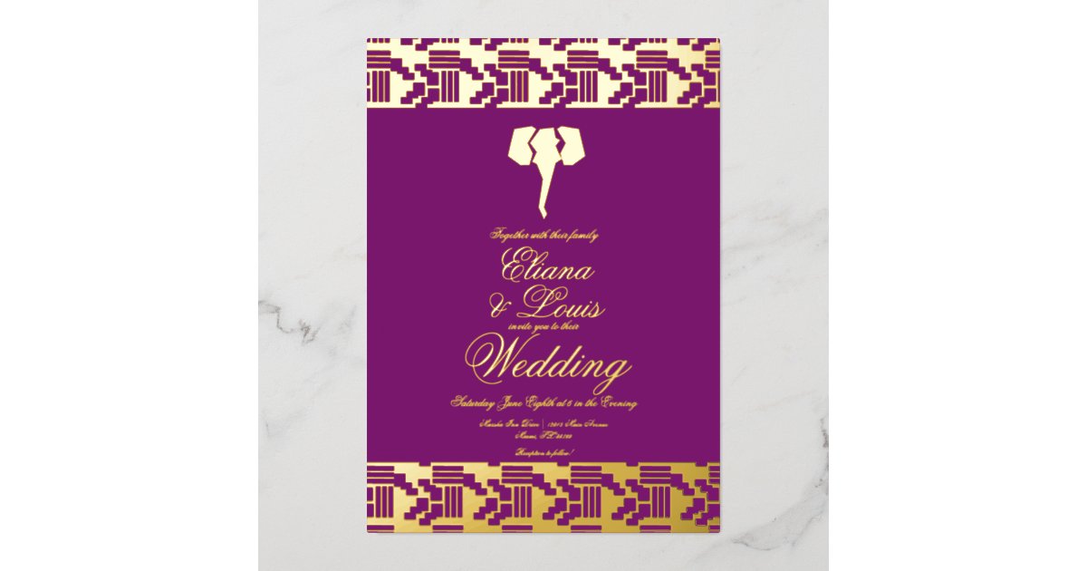 African Gold Elephant Marking Wedding Pressed Foil Invitation | Zazzle