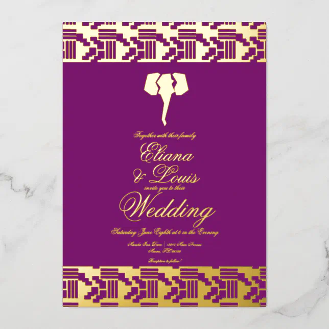 African Gold Elephant Marking Wedding Pressed Foil Invitation | Zazzle