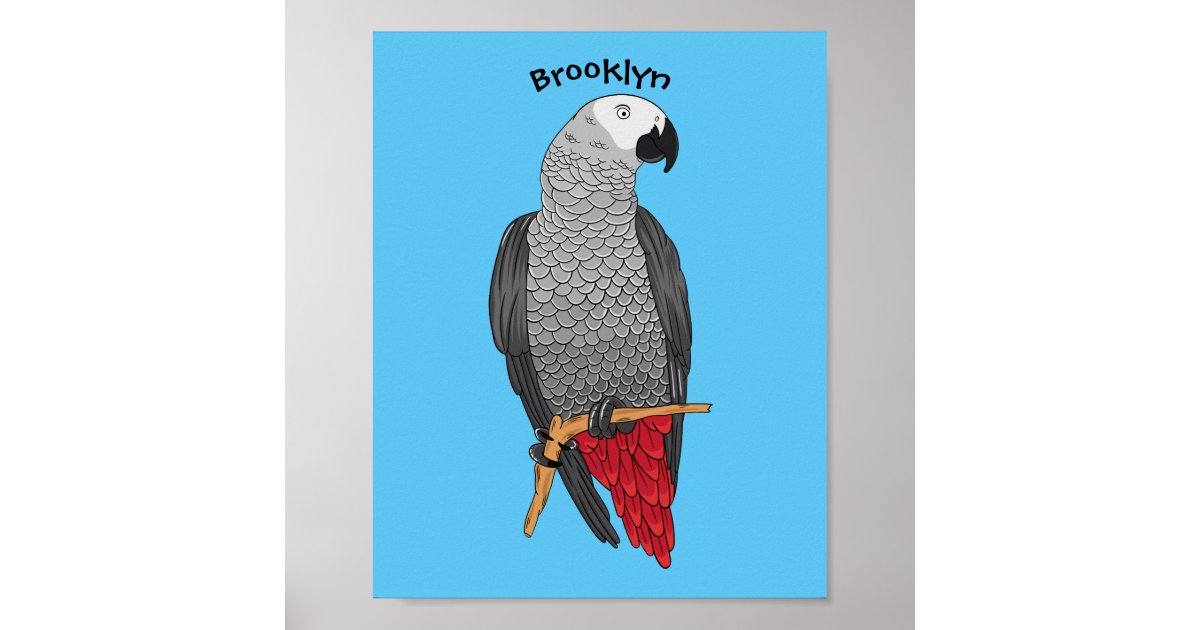 African grey parrot cartoon illustration poster | Zazzle