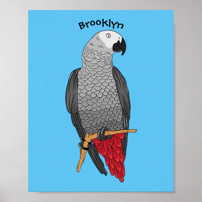 African grey parrot cartoon illustration poster | Zazzle