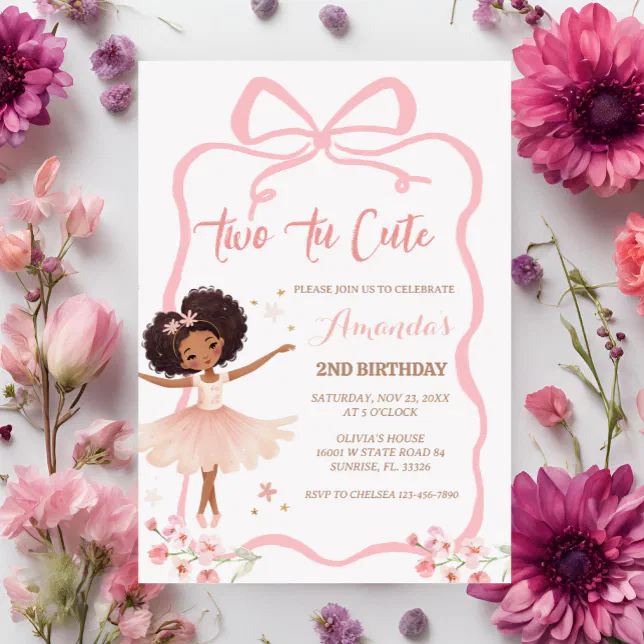 African Pink Ballerina Two Tu Cute 2nd Birthday Invitation | Zazzle