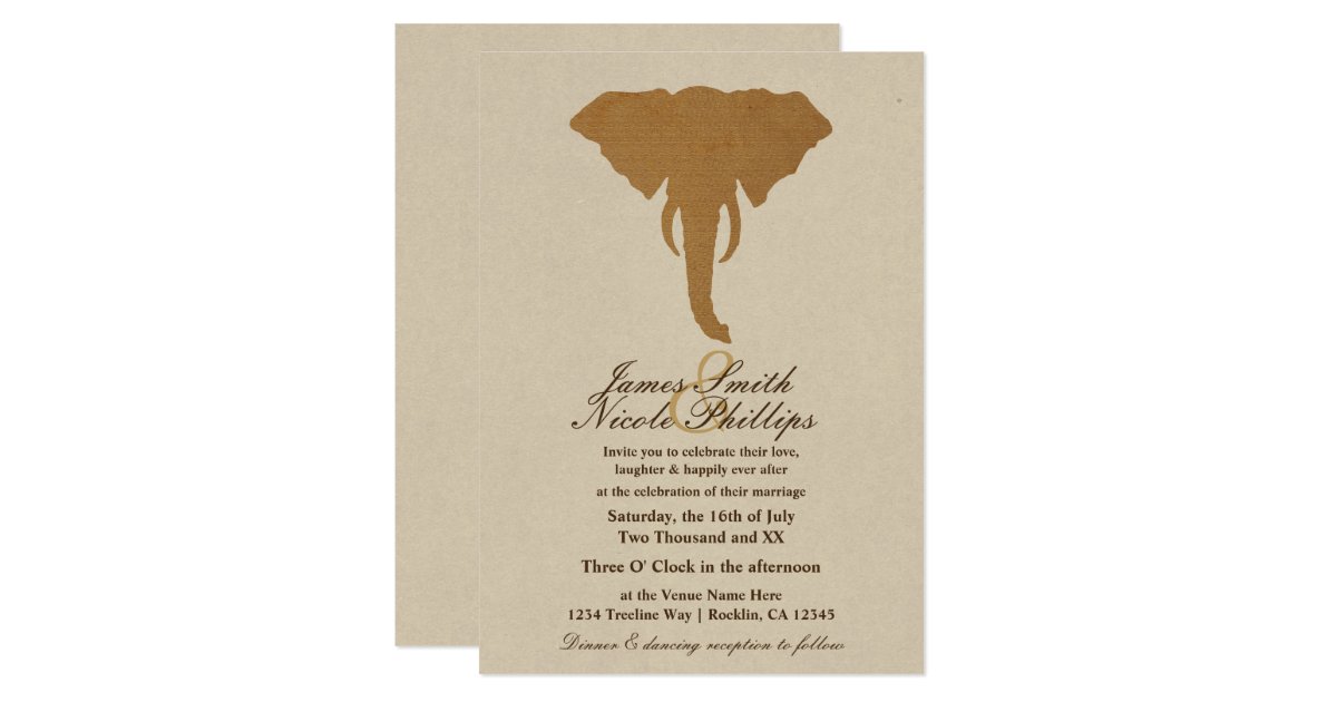 African Safari Brown Wild Elephant Vintage Wedding Invitation | Zazzle.com