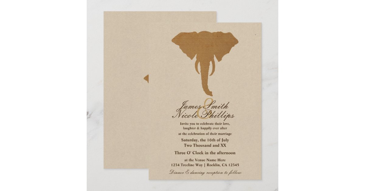 African Safari Brown Wild Elephant Vintage Wedding Invitation | Zazzle