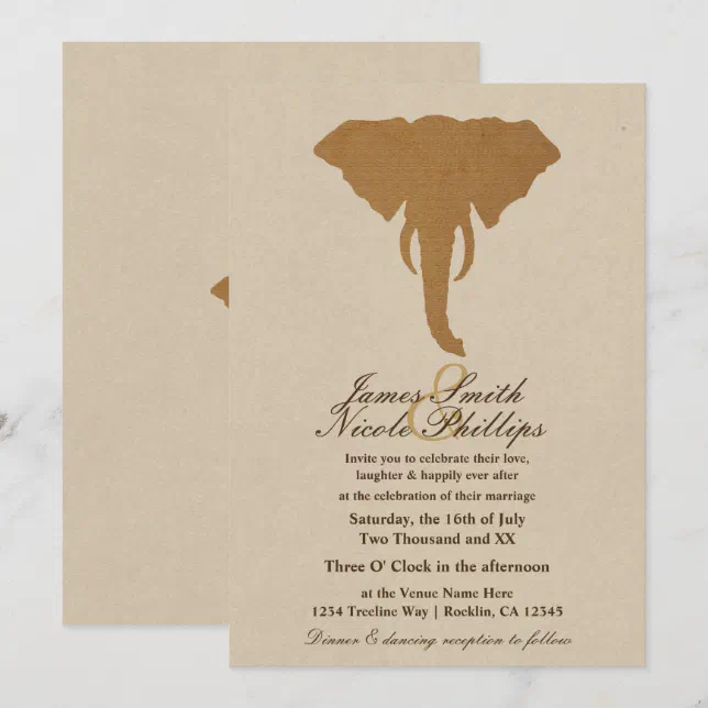 African Safari Brown Wild Elephant Vintage Wedding Invitation | Zazzle