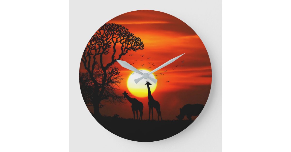 African Safari Sunset Animal Silhouettes Large Clock | Zazzle