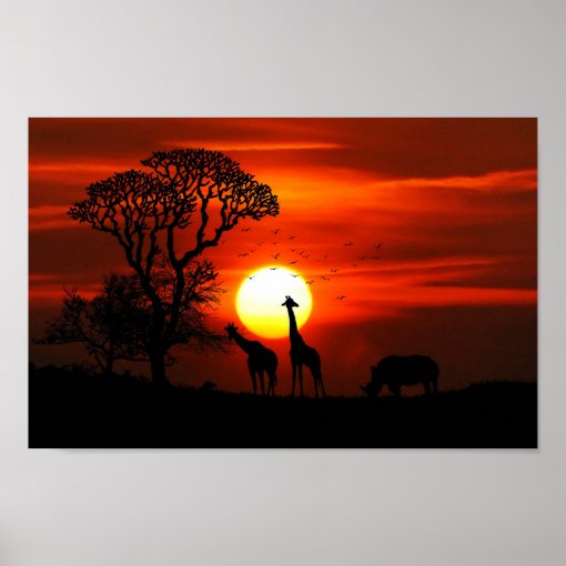 African Safari Sunset Animal Silhouettes Poster | Zazzle