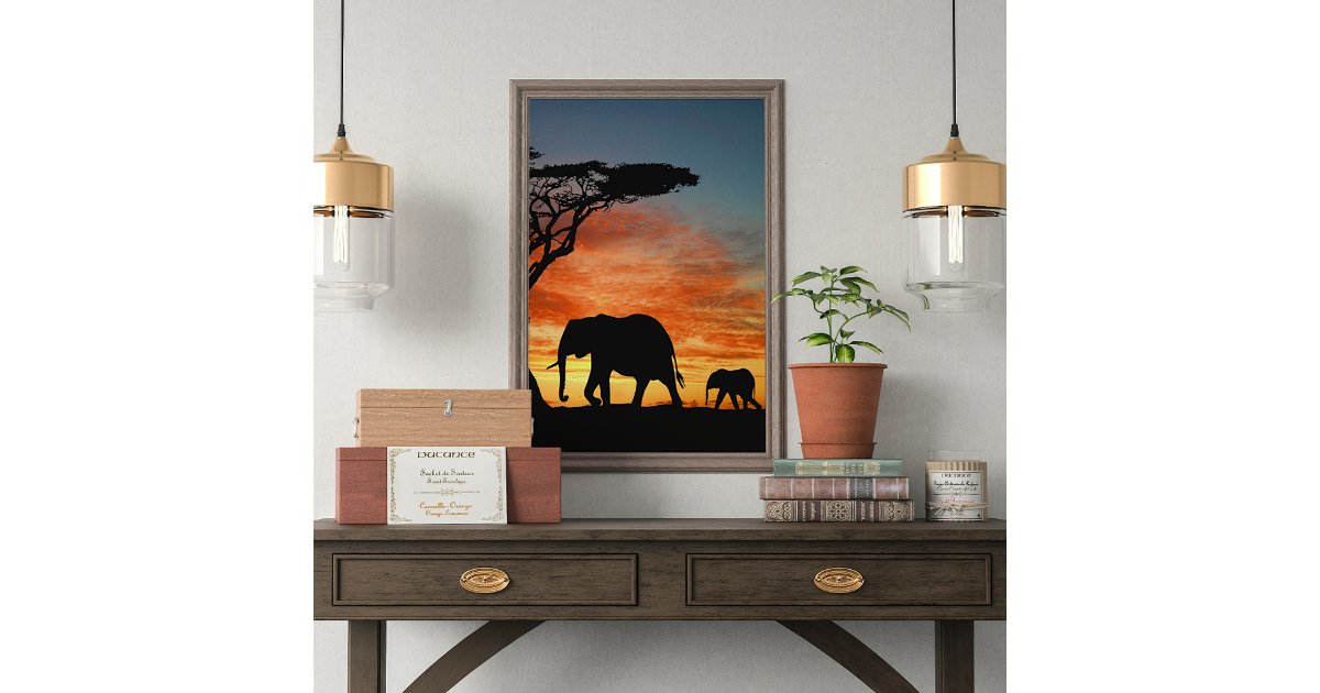 African Safari Sunset Elephant Silhouette Art Poster | Zazzle