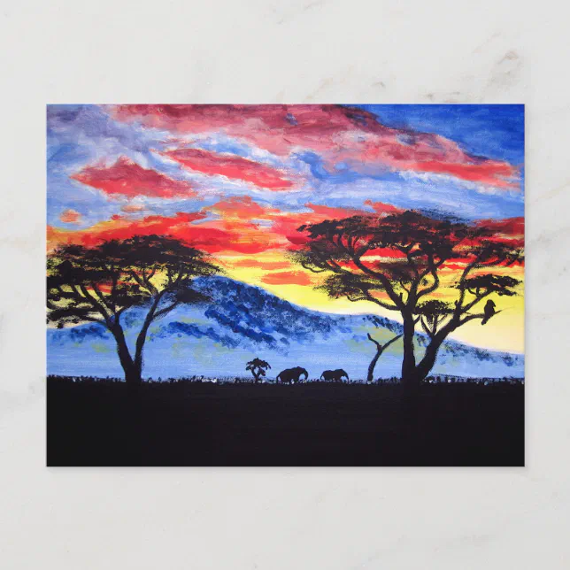 African Sunset Safari Animal Silhouette Painting Postcard | Zazzle