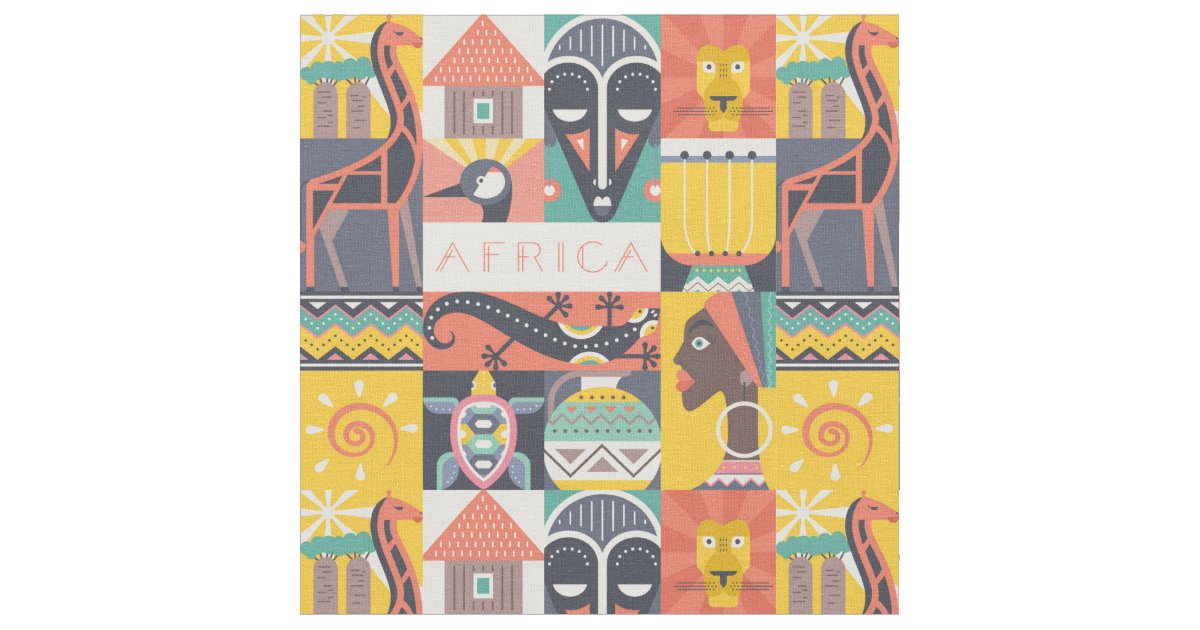 African Symbolic Art Collage Fabric | Zazzle