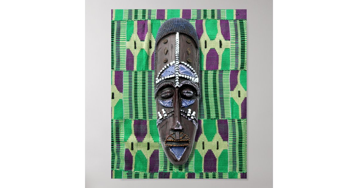 African Tribal Mask Cowrie Shells Orange Green Poster | Zazzle