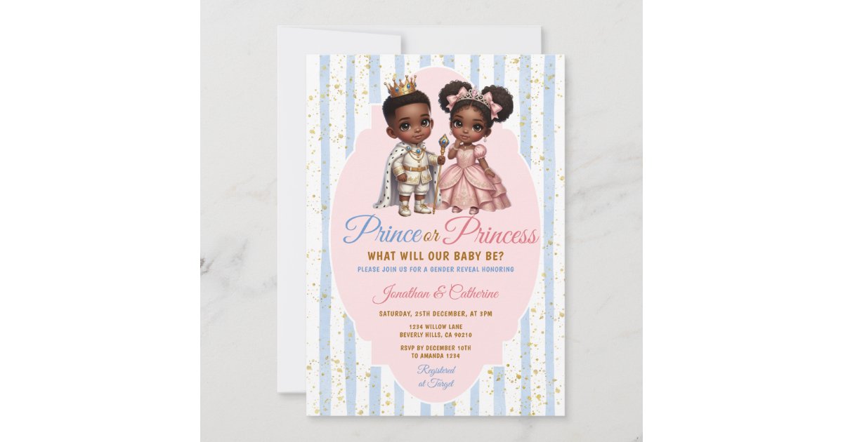 Afro African Prince or Princess Gender Reveal Gold Invitation | Zazzle