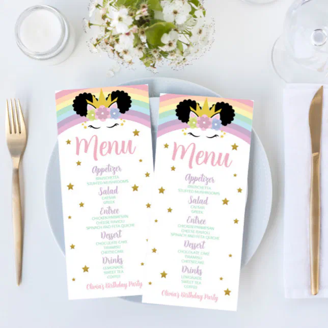 Afro Puff Unicorn Rainbow Birthday Party Food Menu | Zazzle