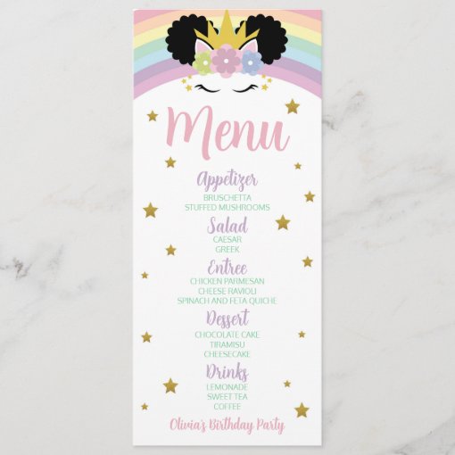 Afro Puff Unicorn Rainbow Birthday Party Food Menu | Zazzle