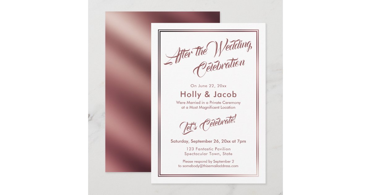 After the Wedding Celebration Rose Gold Over White Invitation | Zazzle