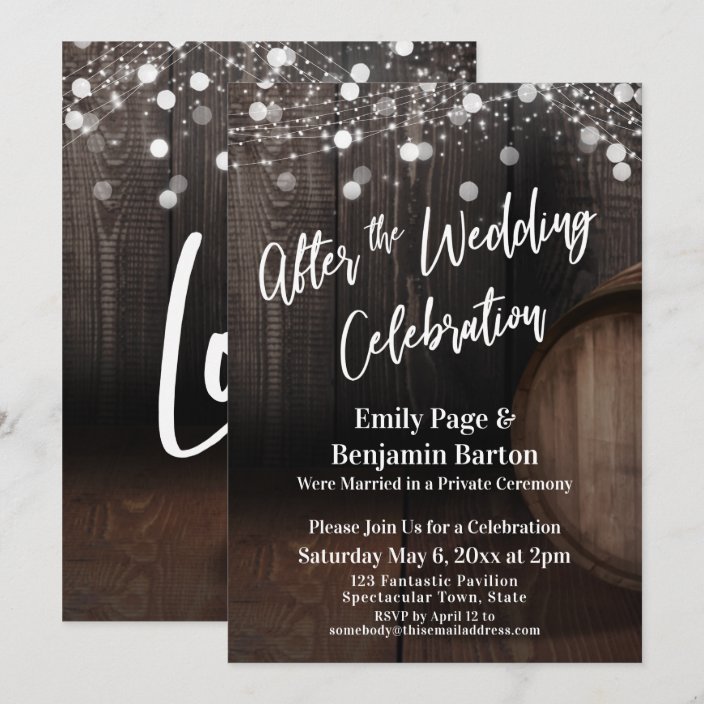 After the Wedding Celebration Wood Barrel & Lights Invitation | Zazzle.com