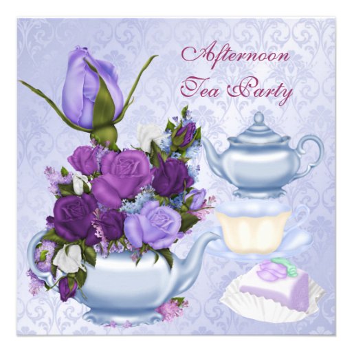 Afternoon Tea Party Purple Floral Teapot 5.25" Square Invitation Card ...