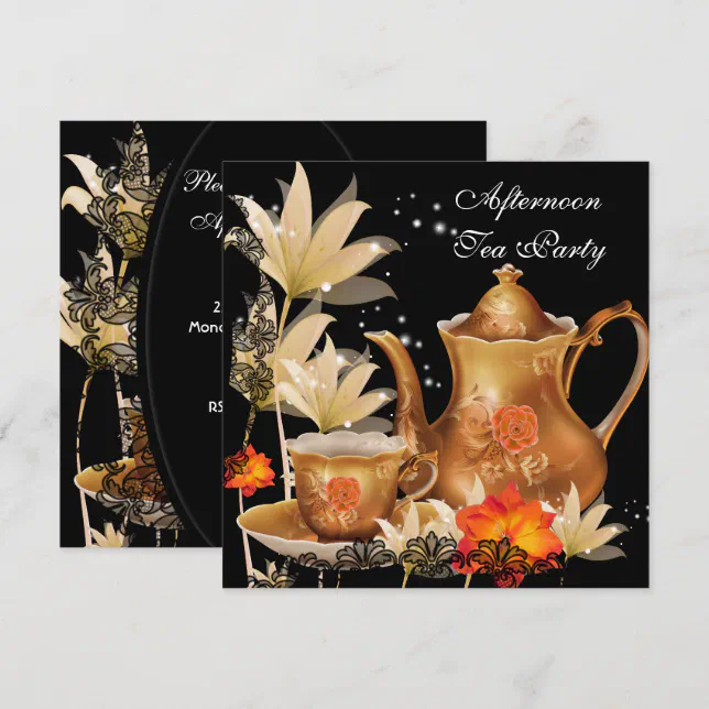 Afternoon Tea Party Vintage black gold Teapot Invitation | Zazzle