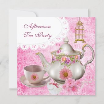 Afternoon Tea Party Vintage Pink Floral Teapot Invitation | Zazzle
