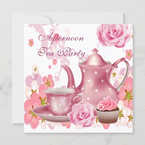 Afternoon Tea Party Vintage Pink Rose Teapot Invitation | Zazzle