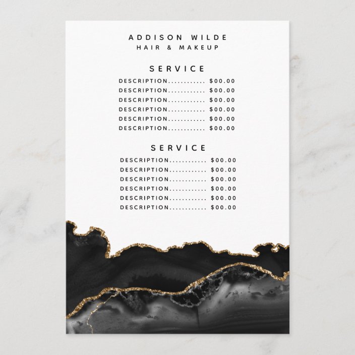Agate Black And Gold Marble Service Price Menu | Zazzle.com