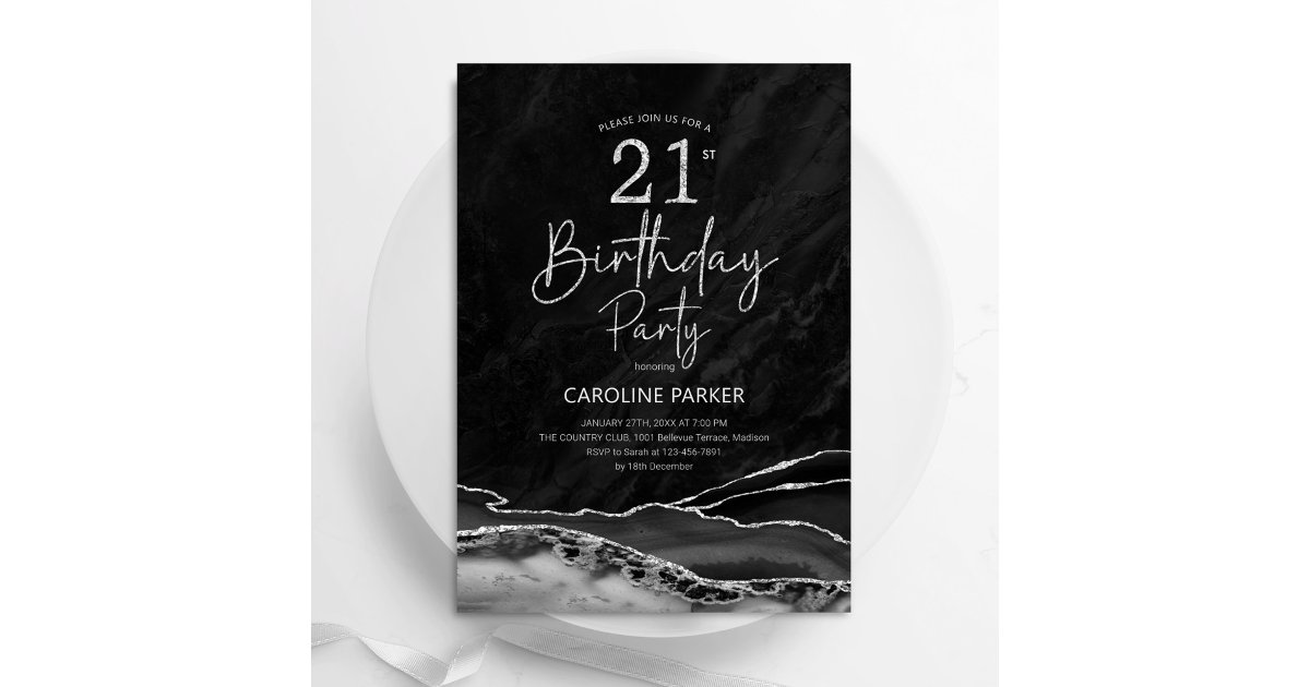 Agate Black Silver 21st Birthday Invitation | Zazzle