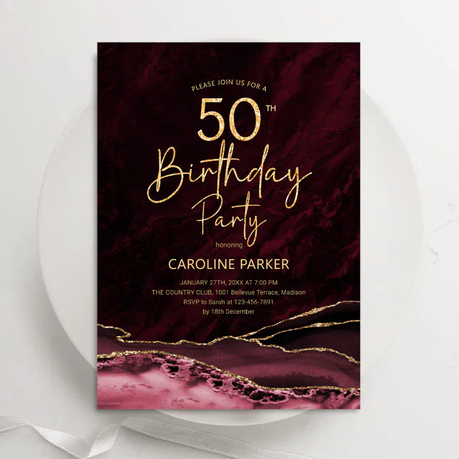 Agate Burgundy Gold 50th Birthday Invitation | Zazzle