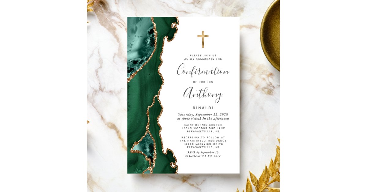 Agate Emerald Green Gold Glitter Confirmation Invitation | Zazzle