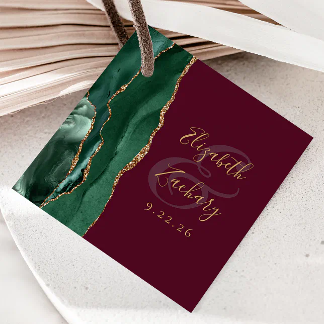 Agate Emerald Green Gold Script Burgundy Wedding Favor Tags | Zazzle