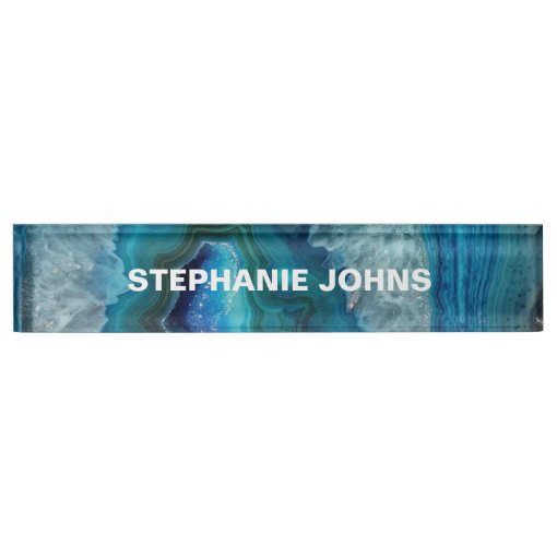 Agate Gemstone Geode Blue Turquoise White Patterns Desk Name Plate | Zazzle