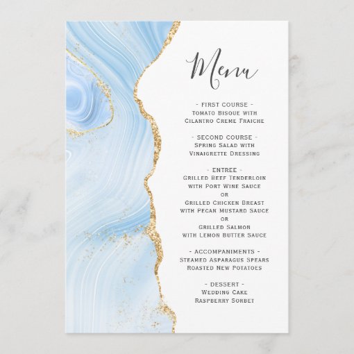 Agate Geode Baby Blue Gold Glitter Wedding Menu | Zazzle