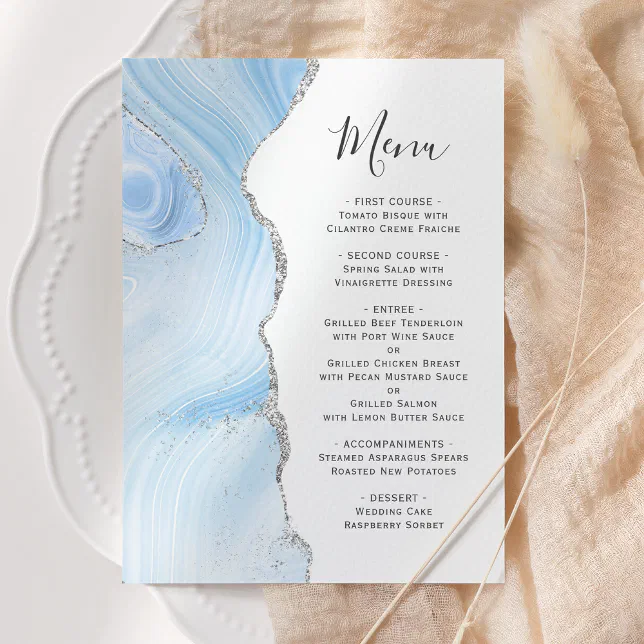 Agate Geode Baby Blue Silver Glitter Wedding Menu | Zazzle