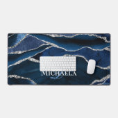 Agate Geode Navy Blue Silver Glitter Monogram Desk Mat | Zazzle