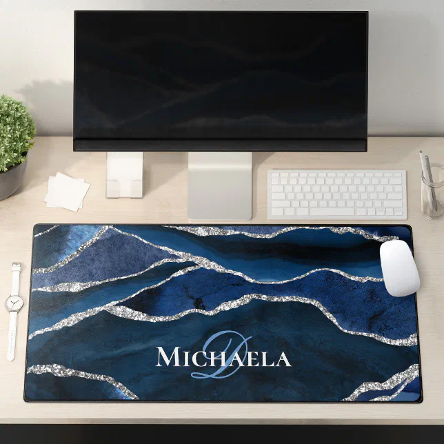 Agate Geode Navy Blue Silver Glitter Monogram Desk Mat | Zazzle