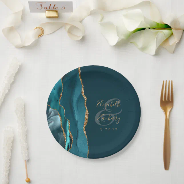 Agate Geode Script Dark Teal Gold Wedding Paper Plates | Zazzle