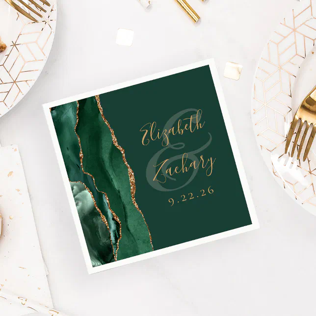 Agate Geode Script Emerald Green Gold Wedding Napkins | Zazzle