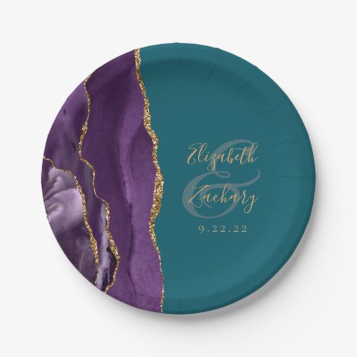 Agate Geode Script Purple Gold Teal Wedding Paper Plates | Zazzle