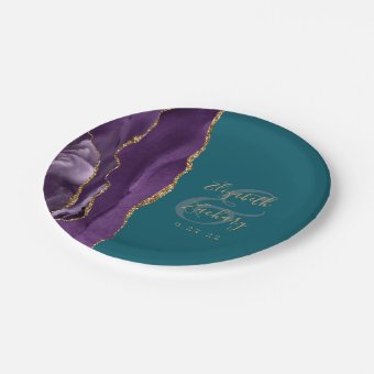 Agate Geode Script Purple Gold Teal Wedding Paper Plates | Zazzle