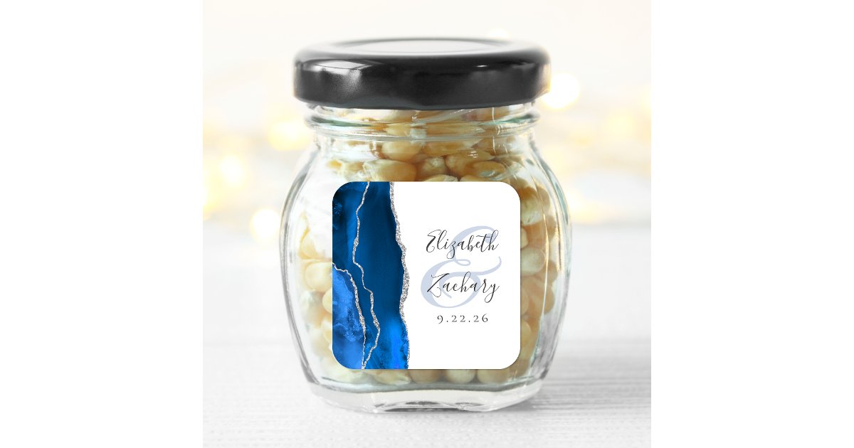 Agate Geode Script Royal Blue Silver Wedding Square Sticker | Zazzle