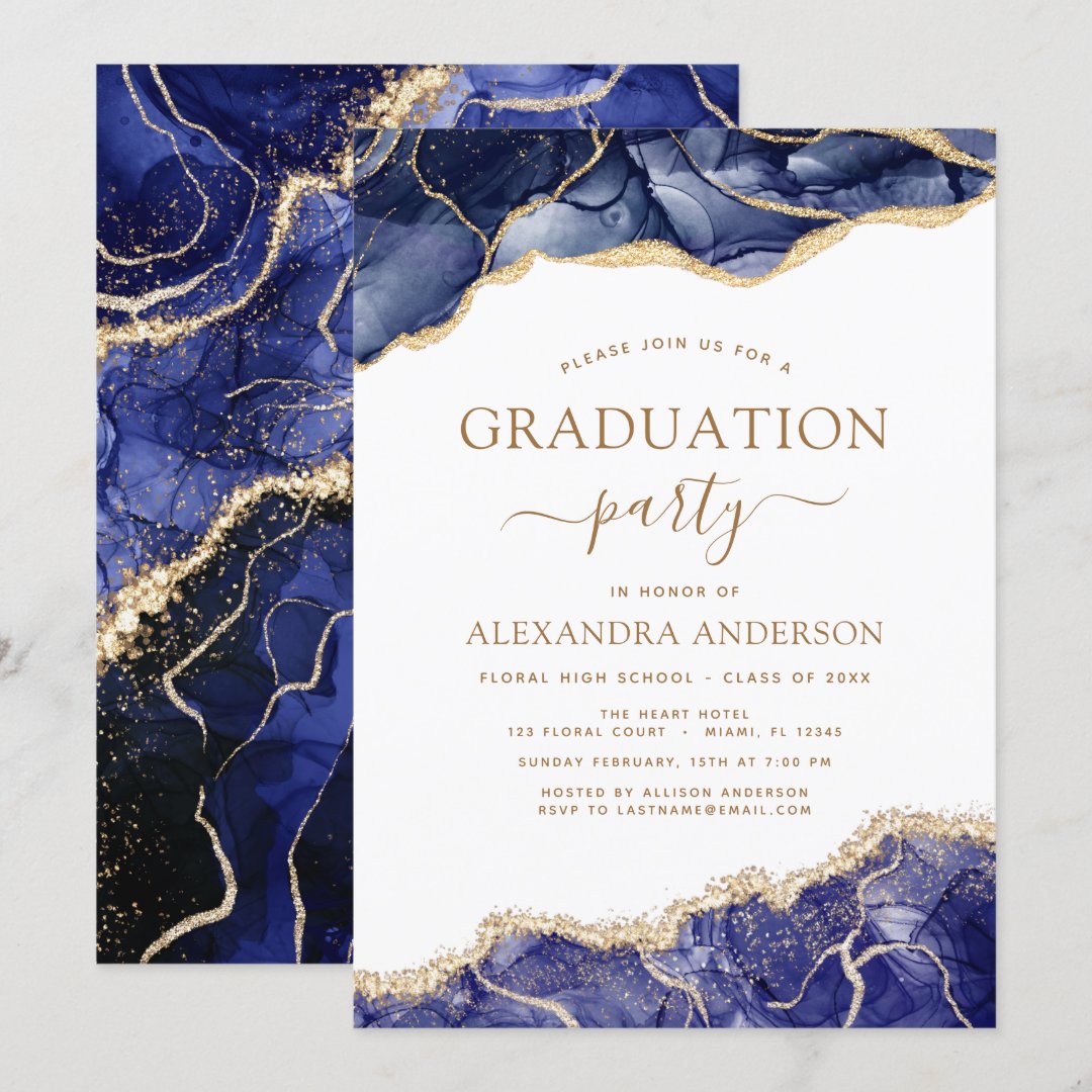 Agate Graduation Class of 2022 Navy Blue Gold Invi Invitation | Zazzle