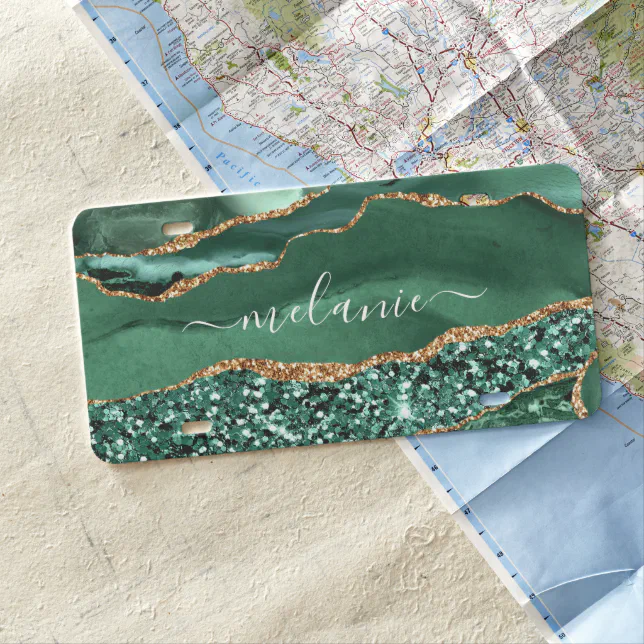 Agate Green Gold Glitter Custom Name License Plate | Zazzle