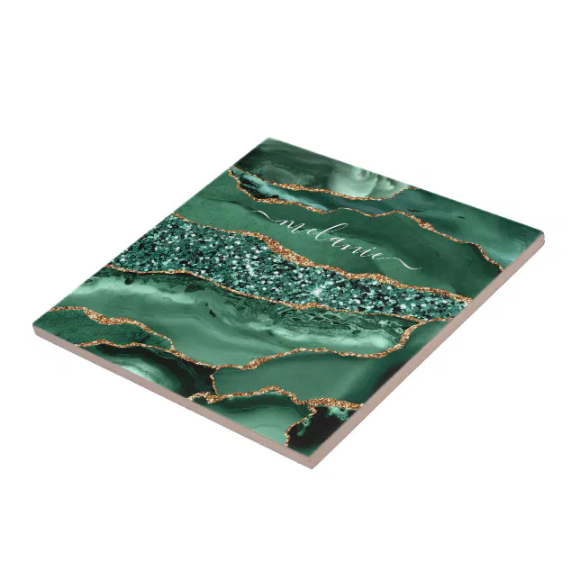 Agate Green Gold Glitter Geode Marble Custom Name Ceramic Tile | Zazzle