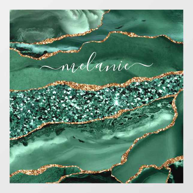 Agate Green Gold Glitter Marble Name Window Clings | Zazzle