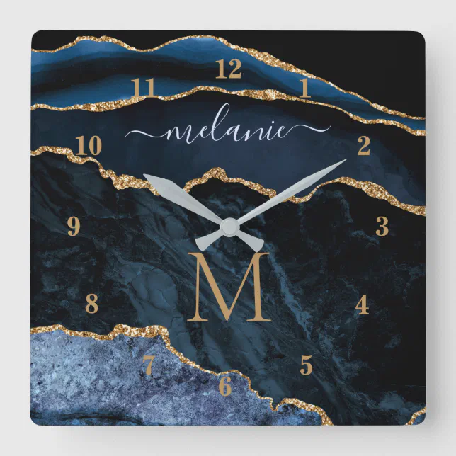 Agate Navy Blue Gold Marble Custom Name Wall Clock | Zazzle
