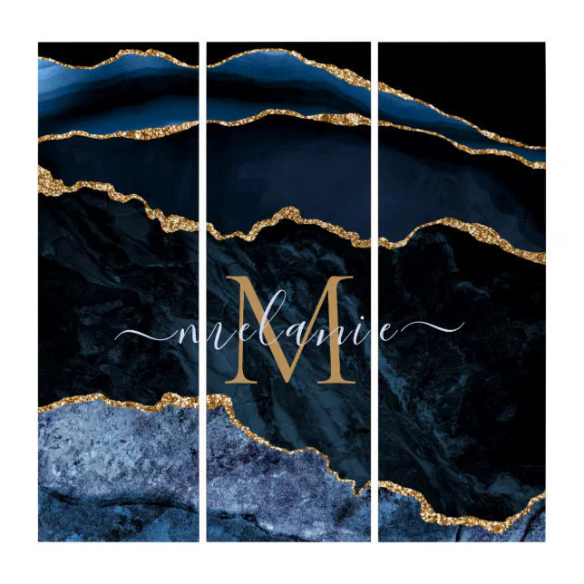 Agate Navy Blue Gold Marble Name Letter Triptych | Zazzle