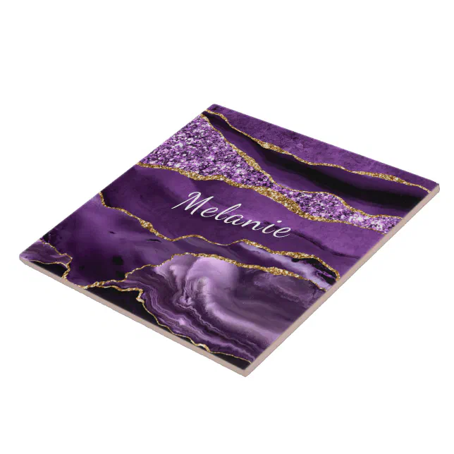 Agate Purple Gold Glitter Your Name Ceramic Tile | Zazzle
